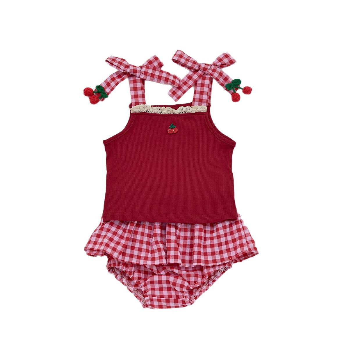 2025 Summer Infant Baby Girls Cherry Pattern Sleeveless Top Vest With Bloomers Sets Wholesale